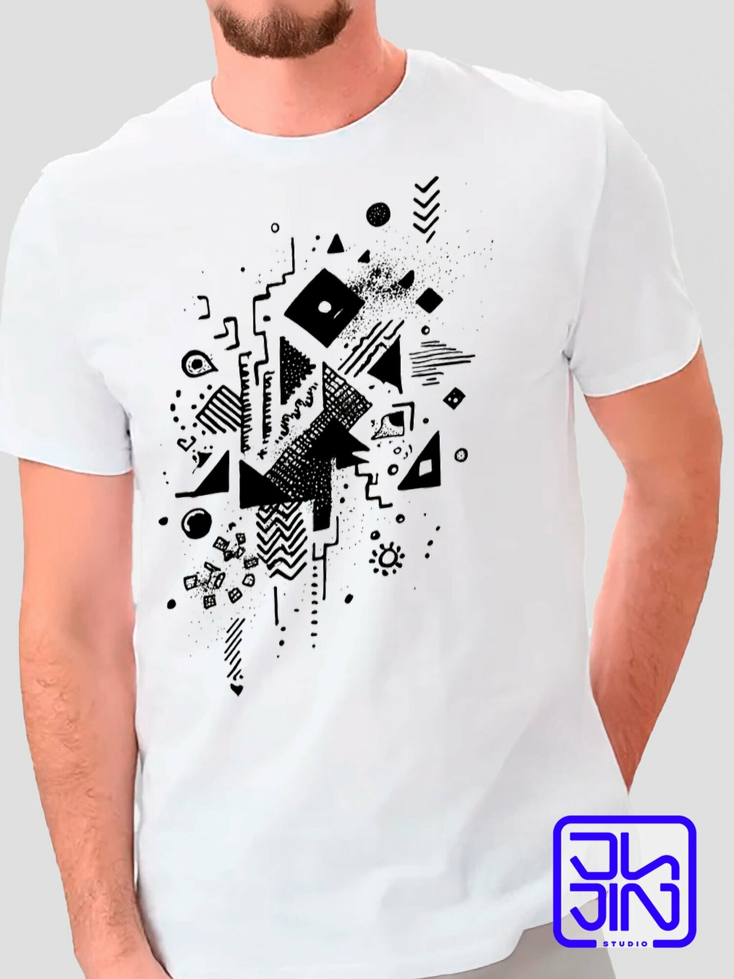 Футболка классическая мужская с авторским принтом Черный квадрат абстрактный, геометрический черно белый с треугольником и кругом, белый хлопковый трикотаж с прикольным рисунком на груди