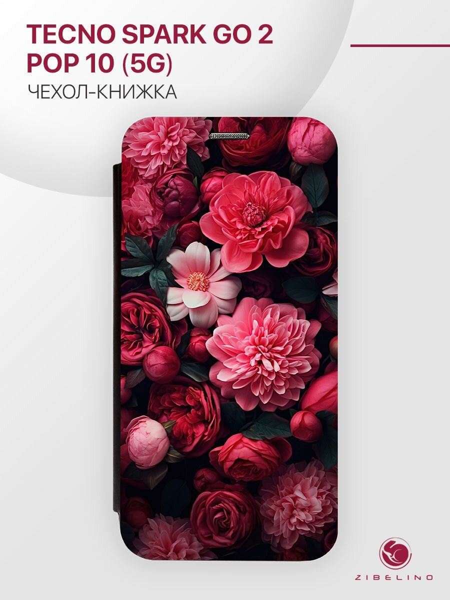 Чехол на Tecno Spark Go 2 4G, Pop 10 5G с магнитом, черный с принтом пионы красные / Текно Спарк Го 2 Техно Поп 10