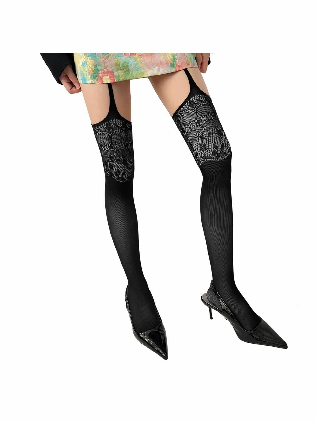 Женские подтяжки с чулками в сетку, Черный