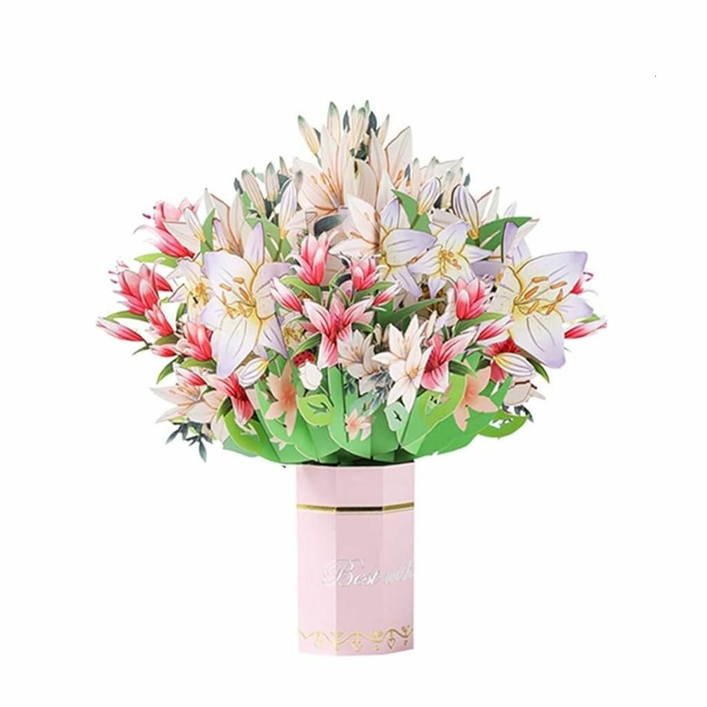 Объемная всплывающая поздравительная открытка на День матери с конвертом для записок-букет лилий