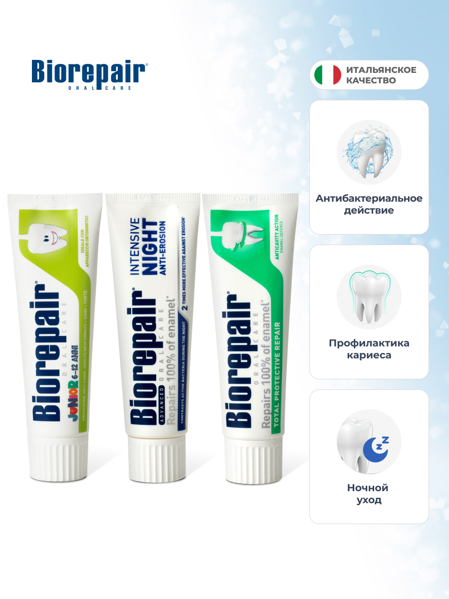 Зубные пасты Biorepair Total Protection, 75 мл, Intensive Night, 75 мл, Junior, 75 мл