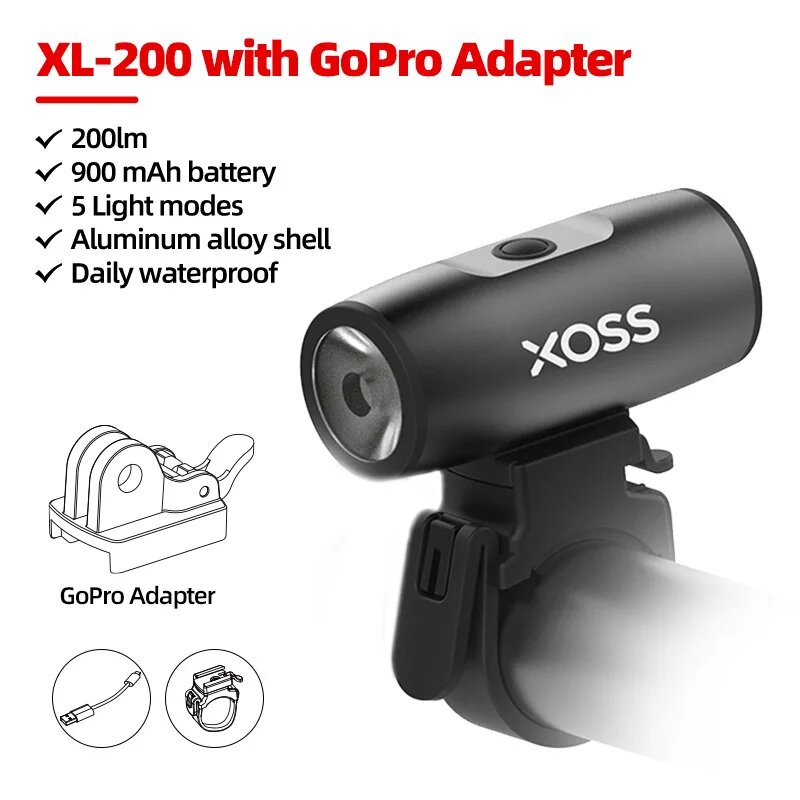 Велофонарь XOSS XL-200, 200 лм, Combo 2 с GoPro