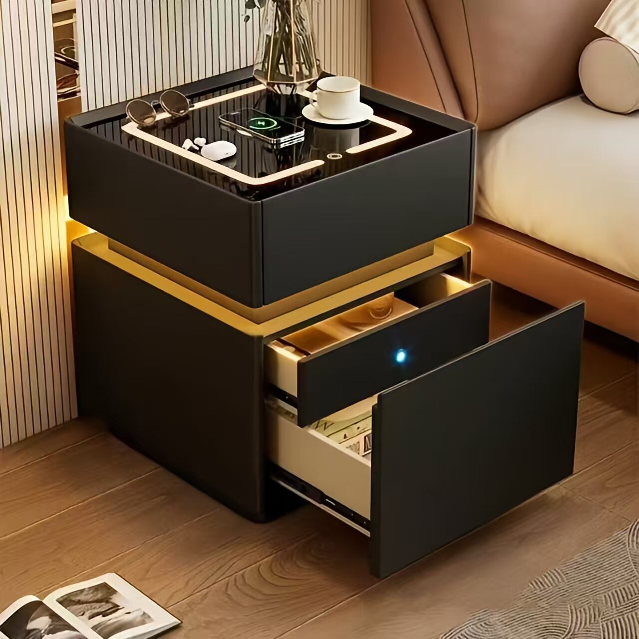 Прикроватная тумба "Умная", с сенсорной подсветкой и замком, стиль хай-тек, 2 ящика, черная