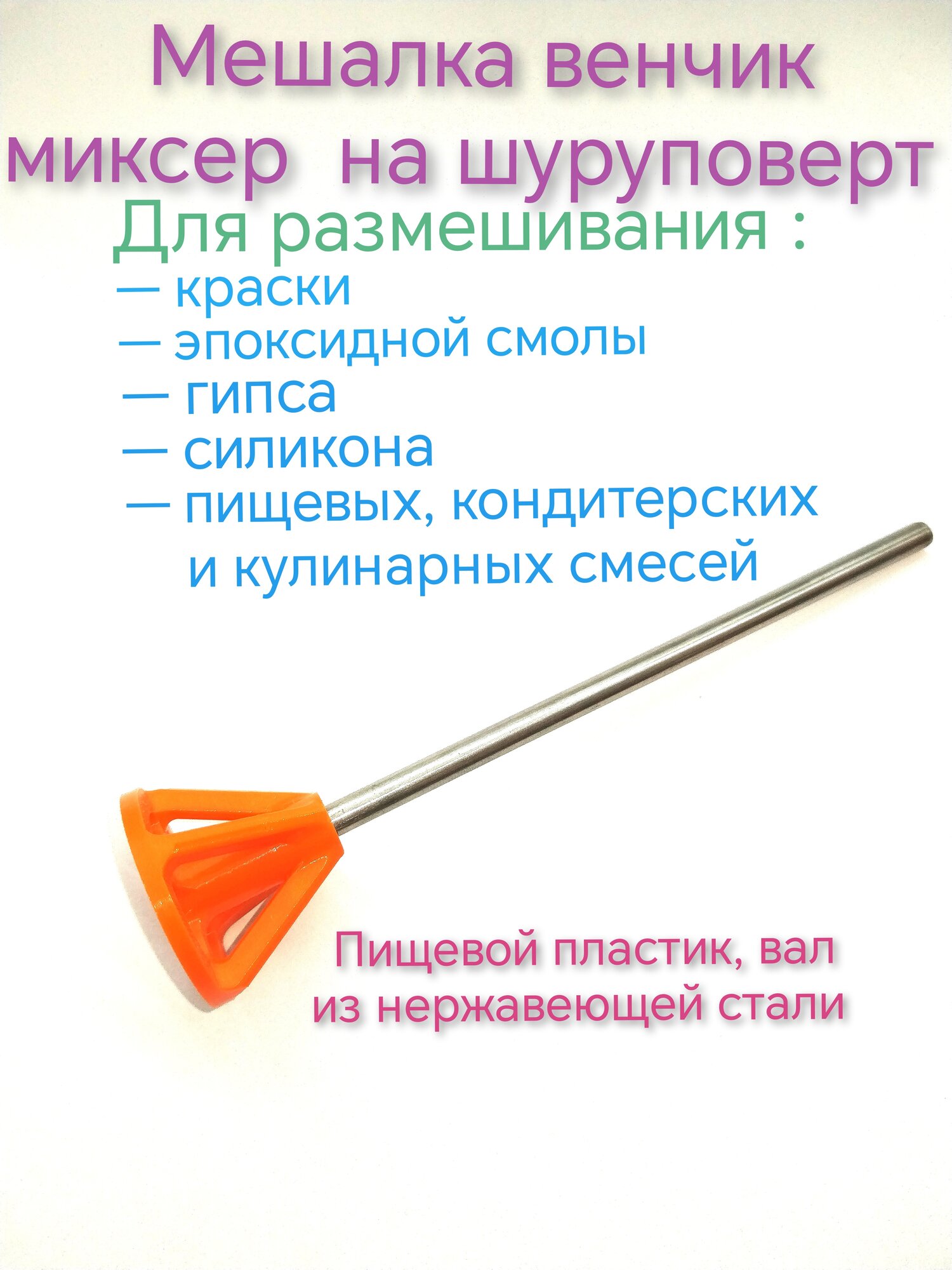 Мешалка венчик миксер для гипсовых смесей, краски, смолы, силикона, пищевых смесей на шуруповерт 1 штука