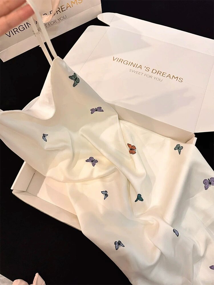 Новинка 2025 года, женская пижама с бабочками, весна-осень, шелк льда, с короткими рукавами, милая ночная рубашка на подвязках высокого качества для лета, домашняя одежда