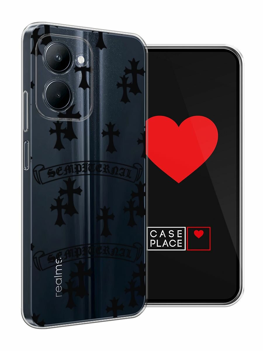 Чехол на Realme C33 / Реалми С33 с принтом "Кресты паттерн чёрный", прозрачный — фото 1