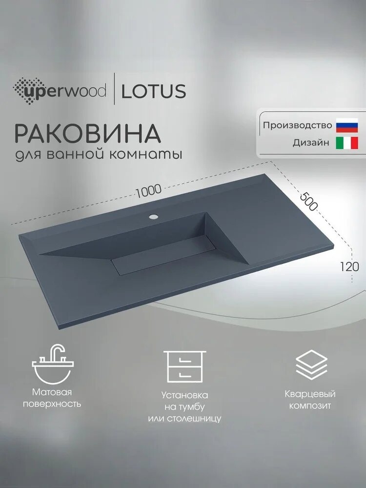 Мебельная раковина Uperwood Lotus Quartz 100 с правым крылом, накладная, из кварцевого композита, серая, матовая, раковина для ванной, прямоугольная