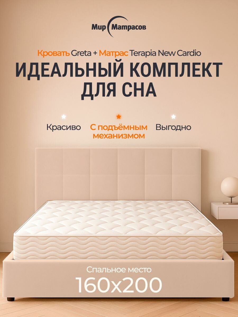 Кровать с матрасом 160x200 в комплекте, Greta с подъемным механизмом, Микрофибра, Тк. Dumont 02, ящик для хранения