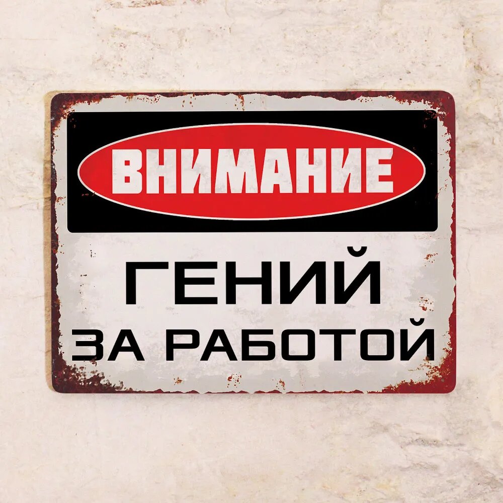Табличка на дверь Гений за работой, подарок начальнику на новый год, коллеге на день рождения, металл, 20х30 см.