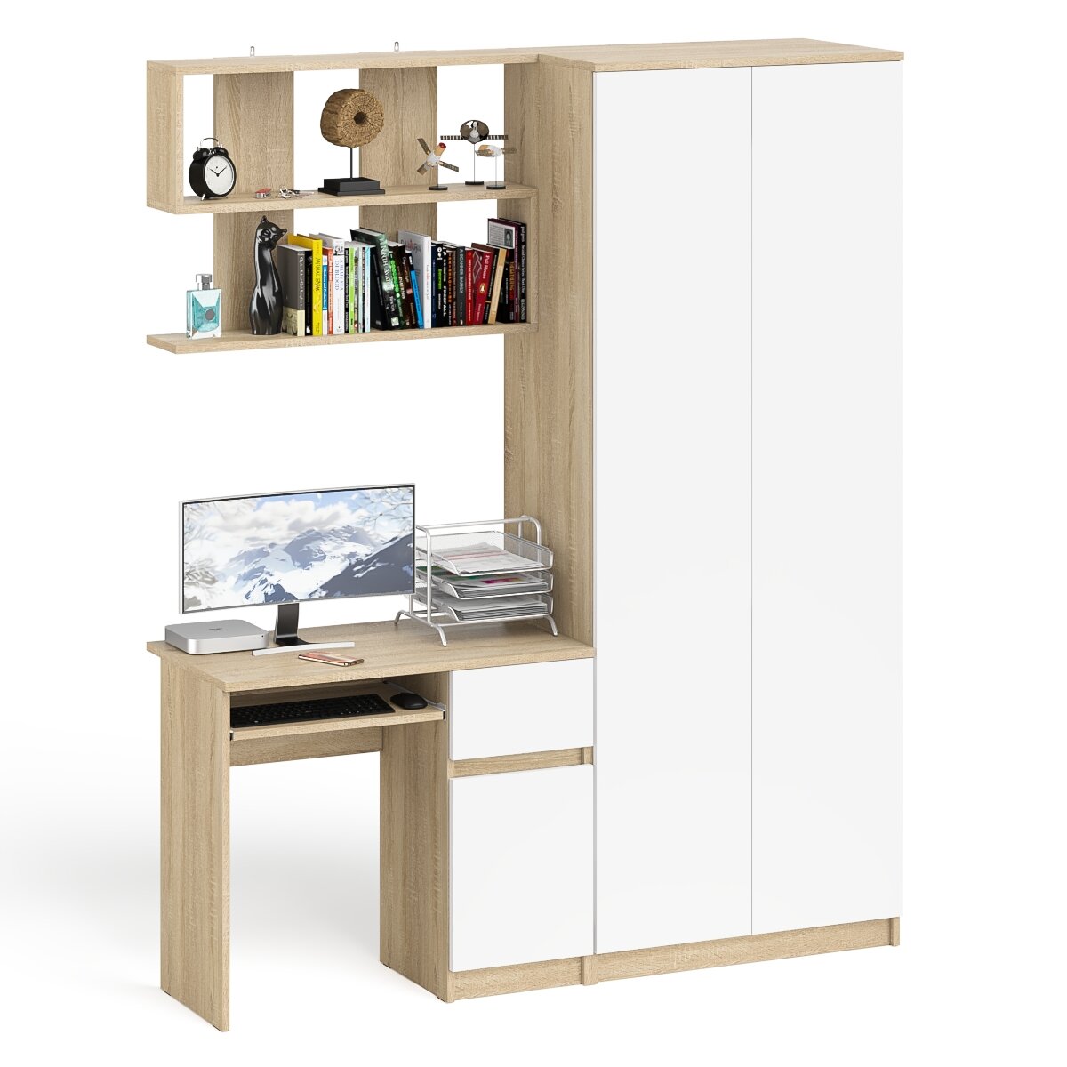 Компьютерный стол однотумбовый правый с полкой и платяной шкаф Мори МШ800.1, дуб сонома/белый, 170,4х50,4х209,6 см