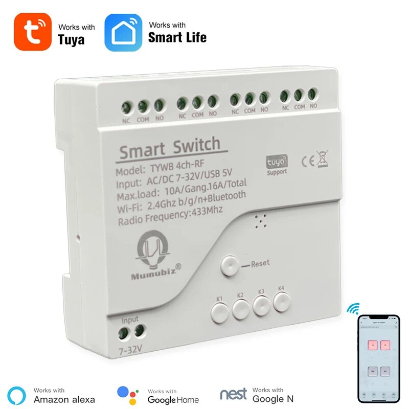 Tuya Smart 4-канальный Wi-Fi RF реле модуль mumubiz
