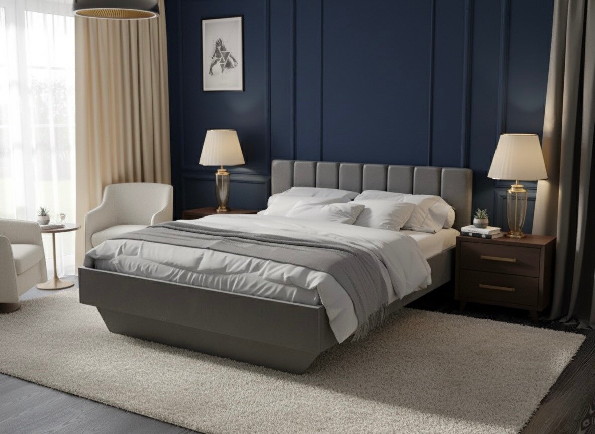 Кровать двуспальная 160*200 см, мягкое изголовье, ортопедическое основание, серый велюр