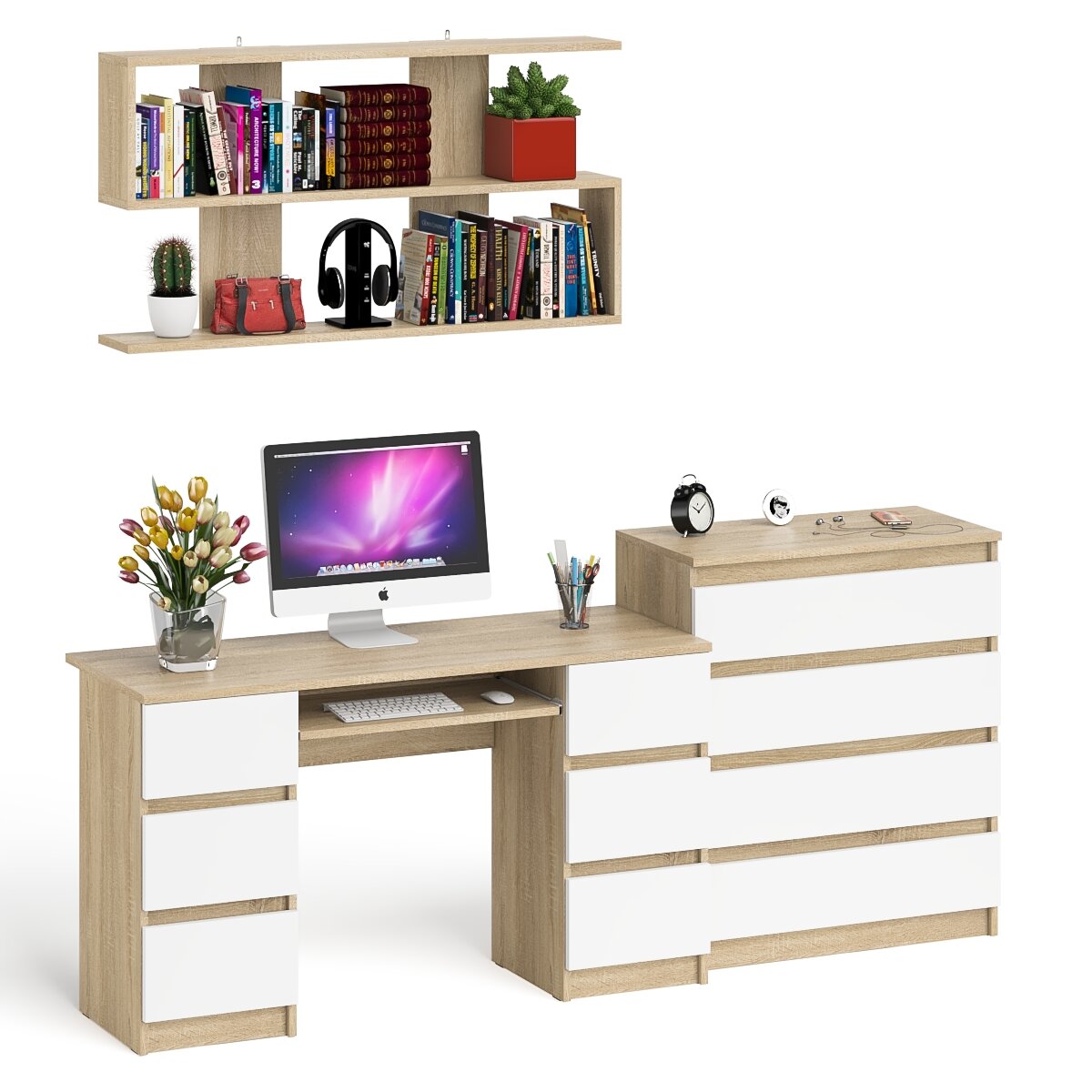 Стол письменный Мори МС-2 с комодом МК800 4 ящика и полкой 1200, дуб сонома/белый, 215,8х50х209,6 см.