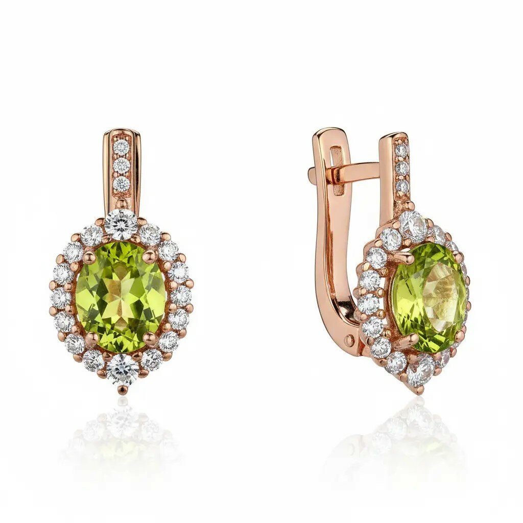 Серьги, красное золото, 585 проба, фианит, хризолит