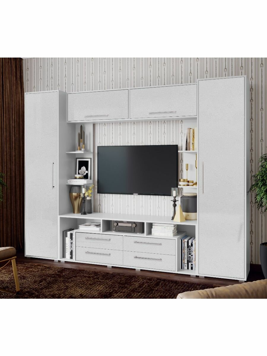 Гостиная Гармония МДФ/ЛДСП 2700х2100х440, Белый/Пластер Бьянко, МИФ