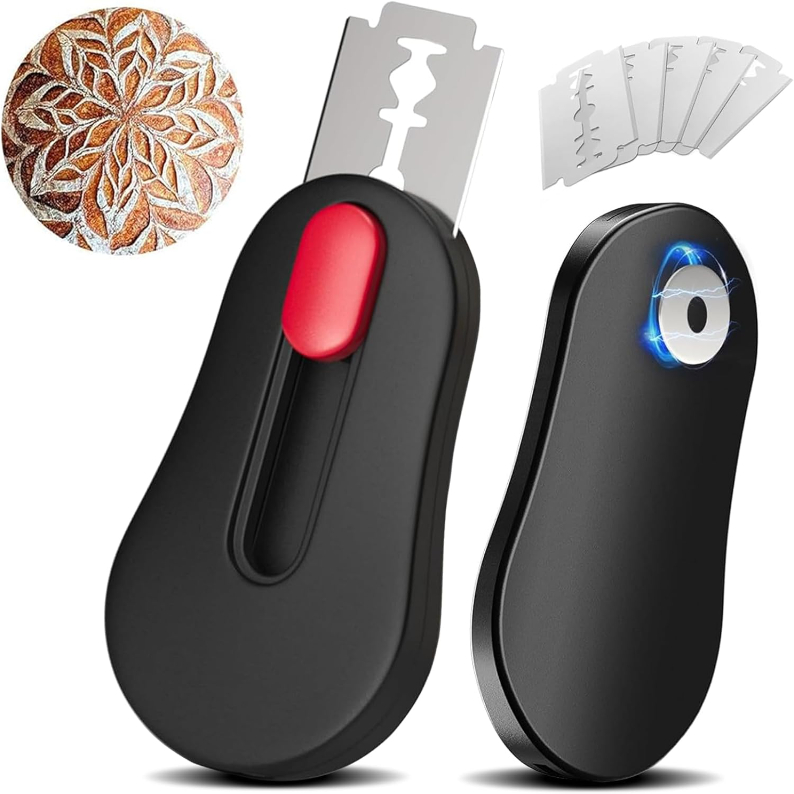 Телескопический инструмент для разделки теста (включает 5 лезвий) черный, регулируемая длина, для теста разных размеров, острое лезвие, для регулярных узоров хлеба, компактный после сжатия, для переноски на выпечке