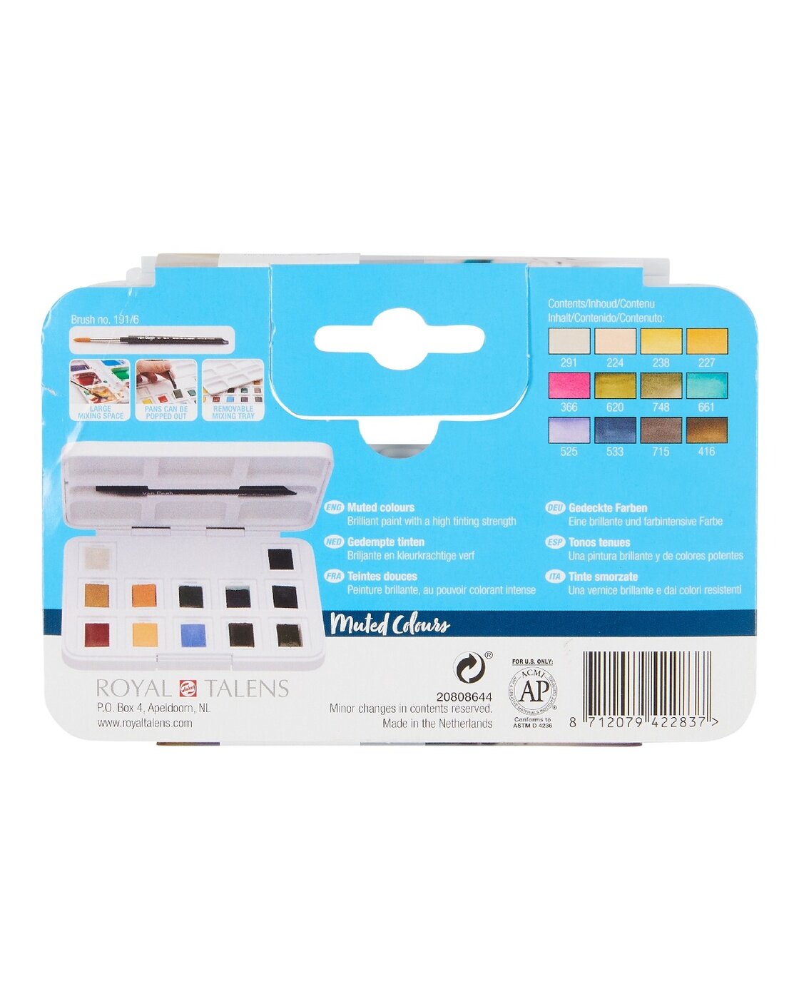 Набор акварельных красок Van Gogh Muted Colours (приглушенные) 12 цветов в кюветах + кисть и палитра, в пластиковом коробе