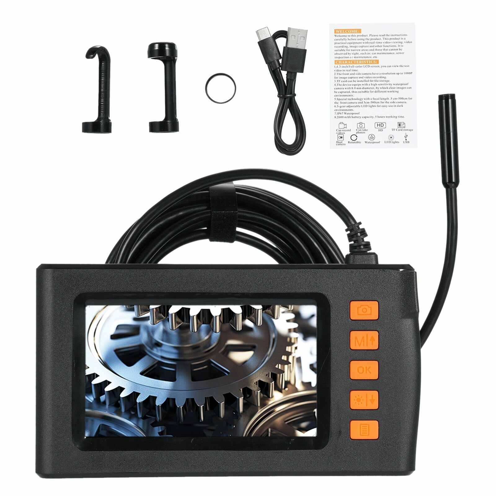 Двухобъективный бороскоп 1080P 4.3" ЖК, кабель 6.5 футов, IP67