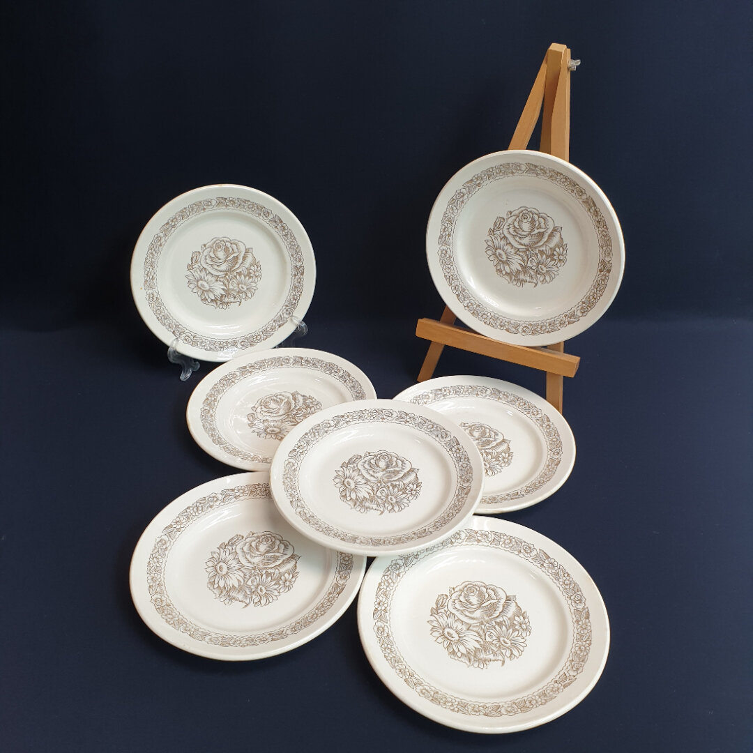 Набор десертных тарелок 7 шт, 17 см, ЗИК Конакова, фаянс, деколь. Винтаж, СССР.