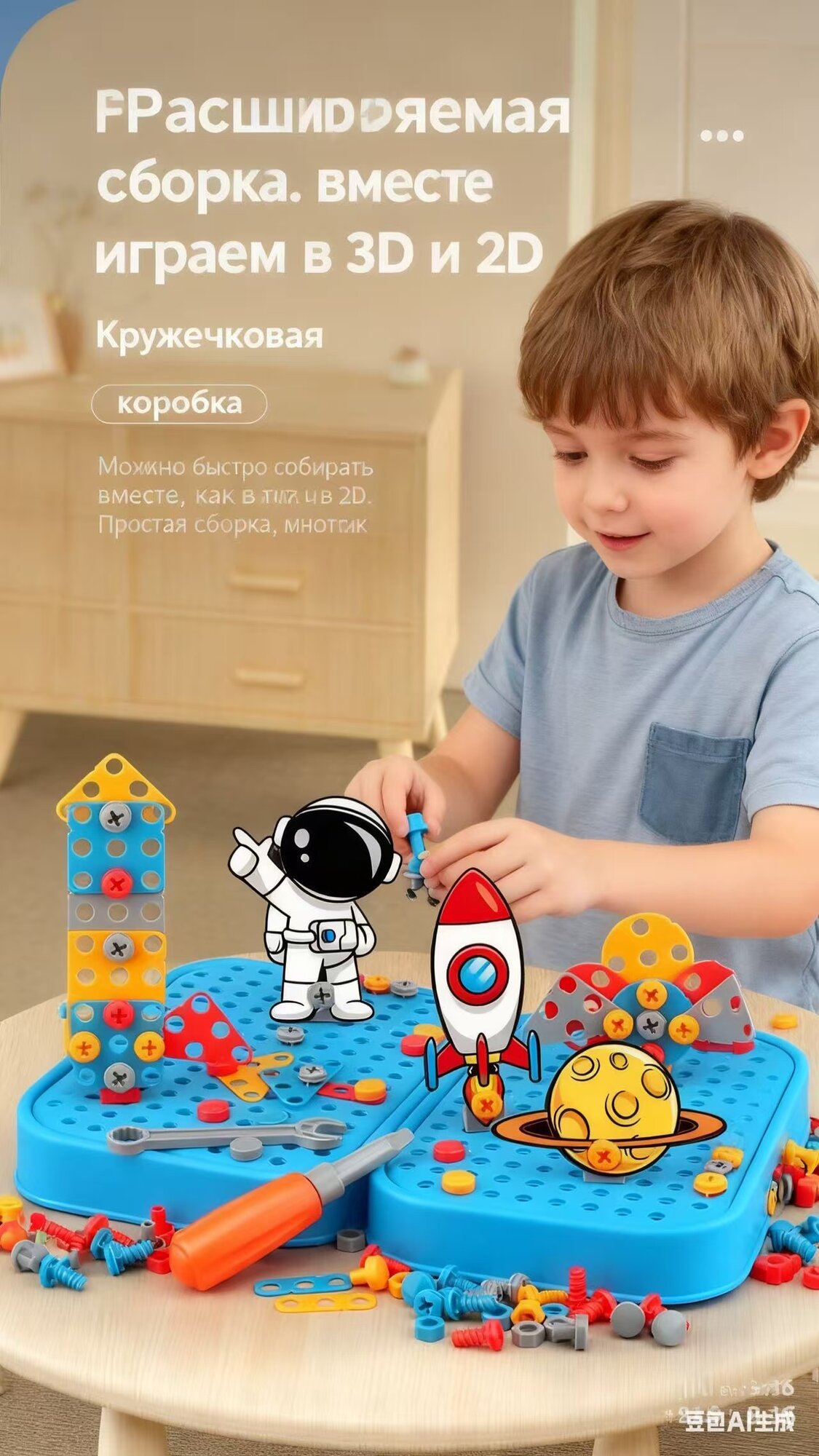 Конструктор мозаика с шуруповертом развивающий 3D детский и отверткой для мальчика Play Okay на батарейках "Космический технопарк", 351 деталей-3