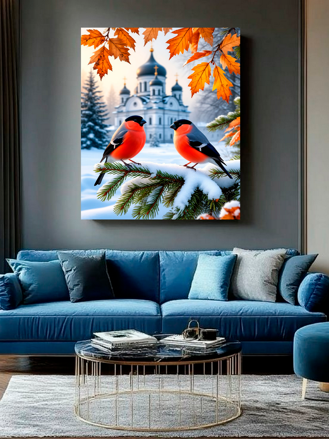 Картина на стену для интерьера "Снегири на ветке" 40х50 см, холст на подрамнике, InterToys