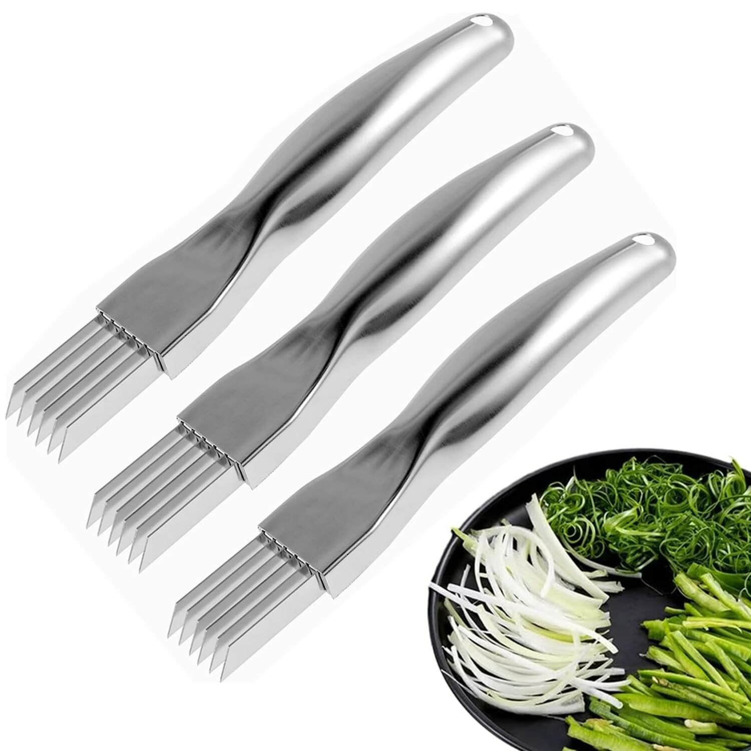 3 Pieces Набор ножей для шреддинга шелка, ножницы из нержавеющей стали для зеленого лука, резак овощей, лука, чеснока, ручной резак зеленого лука, нарезчик для кухни, ресторана, гостиницы (Серебристый)
