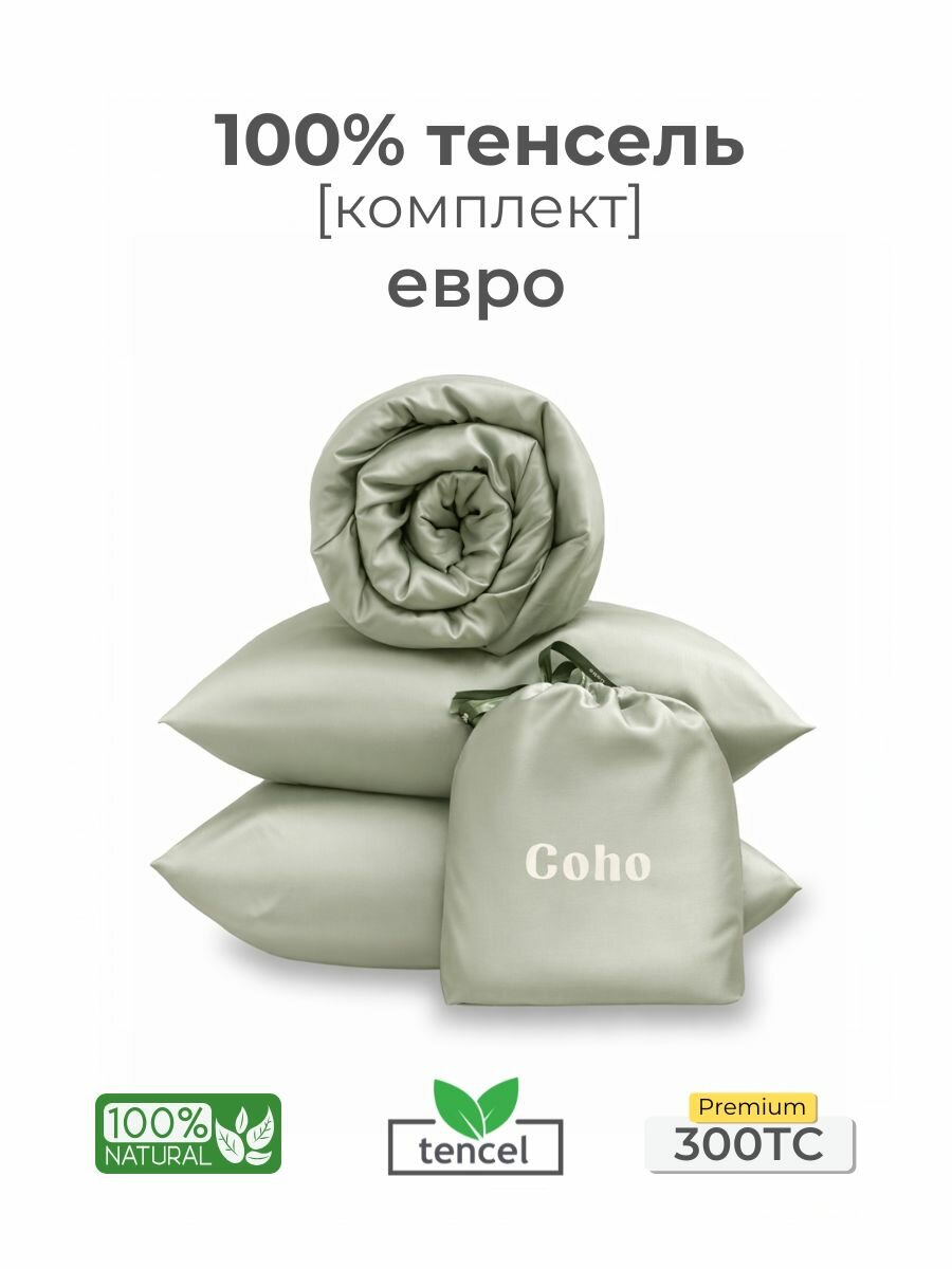 Комплект постельного белья, евро, 50x70, тенсель, светло-оливковый, Coho Home
