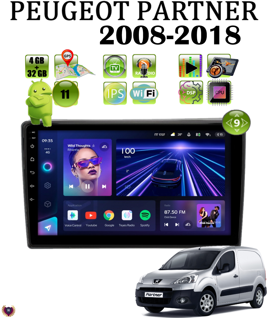Автомагнитола для Peugeot Partner/Партнер (2008-2018), Android 11, 4/32 Gb, Wi-Fi, Bluetooth, CarPlay, GPS, поддержка кнопок на руле
