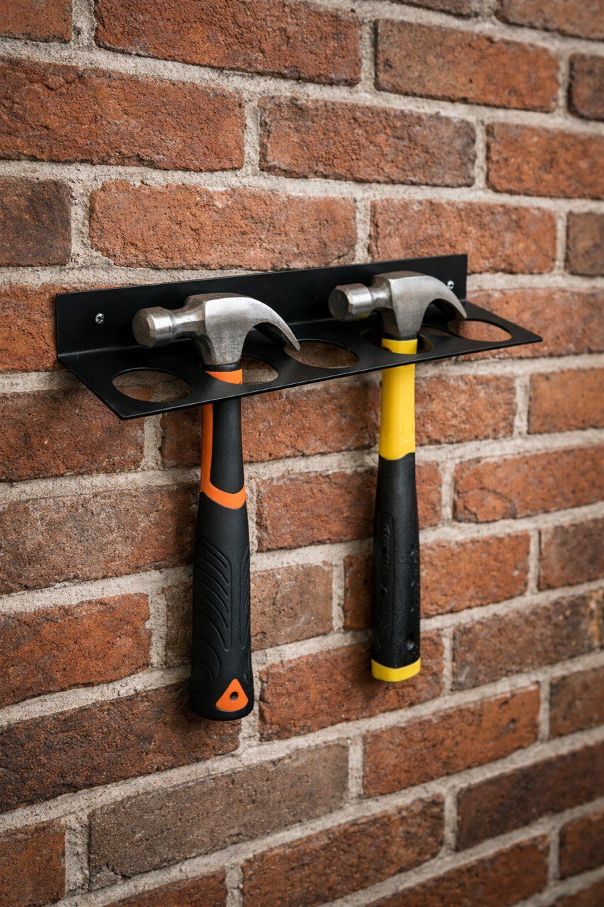 Держатель, органайзер для молотков, киянок и пассатижей, черный, металлический.