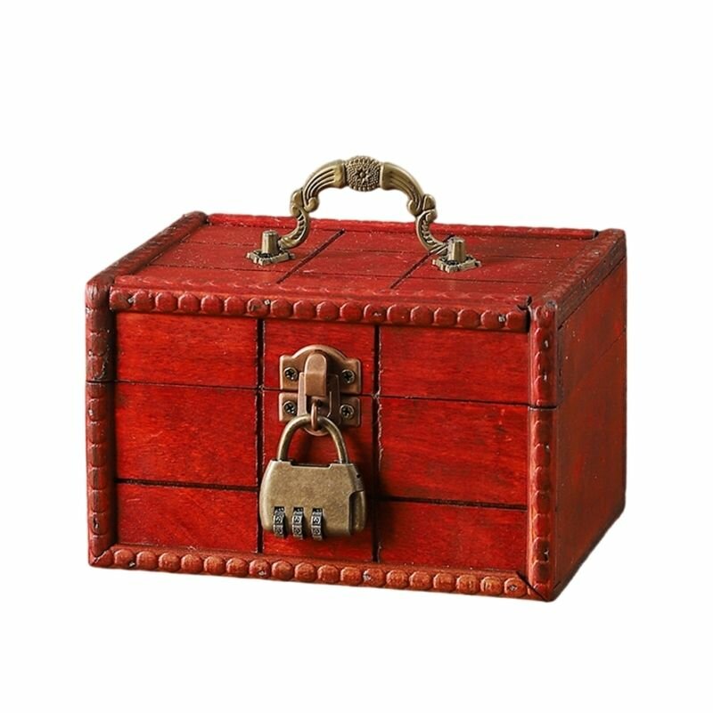 Ретро портативный маленький сундук с сокровищами, деревянный ящик для хранения-ретро Красный-большой + ретро три цифры