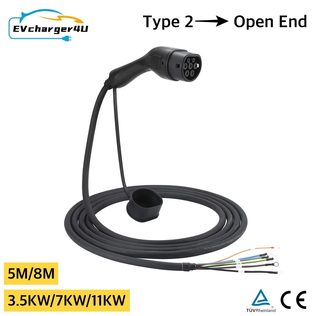 EVcharger4U Кабель для зарядки EV с открытым концом, тип 2, 16 А/32 А, 1 фаза/3 фазы, 250 В/480 В, 3,5 кВт/7 кВт/11 кВт/22 кВт, 5 м для электромобиля 1P 32A 7KW 5M