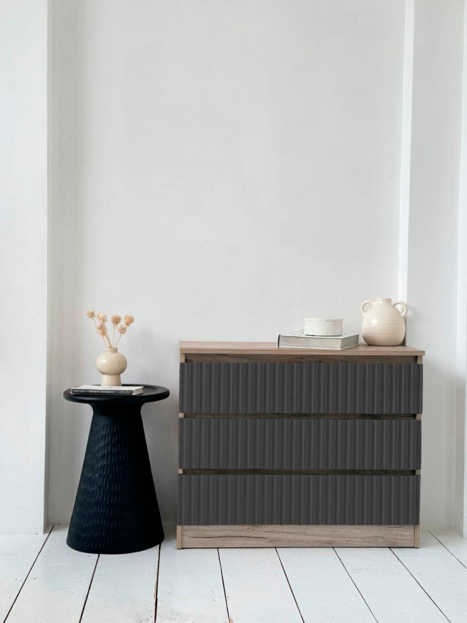 Комод №9 узкий 3 ящика (80,4х33х65 см), Дуб крафт серый/МДФ Грей софт, шариковые направляющие