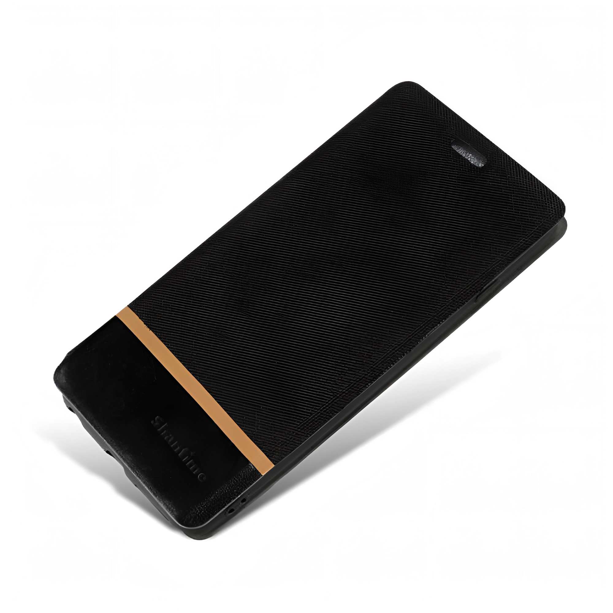 Чехол-книжка для TECNO Spark 6 Go из водоотталкивающей ткани под джинсу с золотой полосой и вставкой под кожу черный