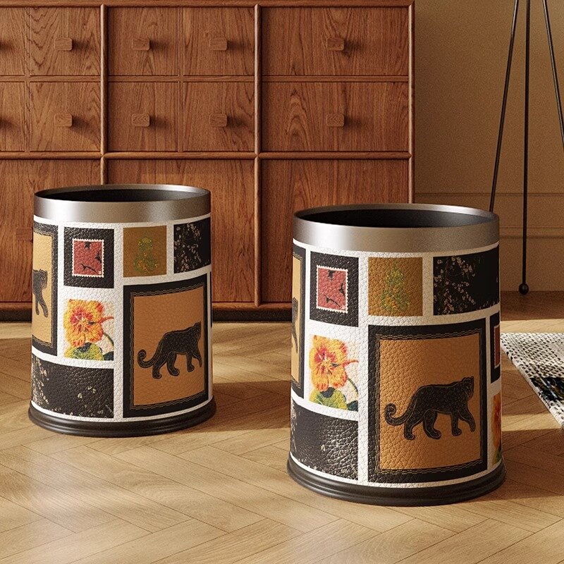 Мусорное ведро во французском винтажном стиле, кожаное, для дома, спальни, гостиной, ретро, легкая роскошь, высокая ценность, кухня, косметическая комната, большого размера