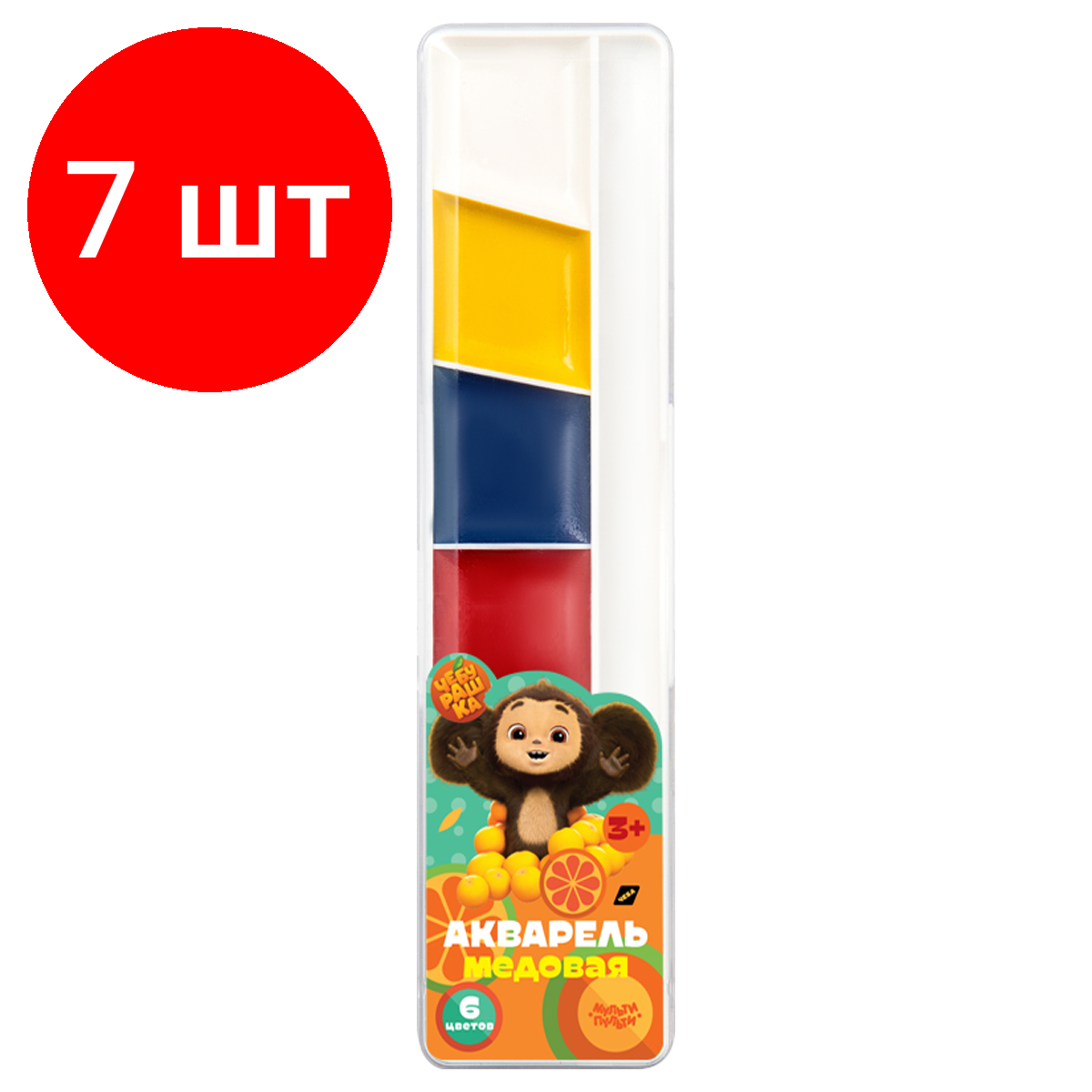 Комплект 7 шт, Акварель Мульти-Пульти "Чебурашка", медовая, 06 цветов, без кисти, пластик, европодвес