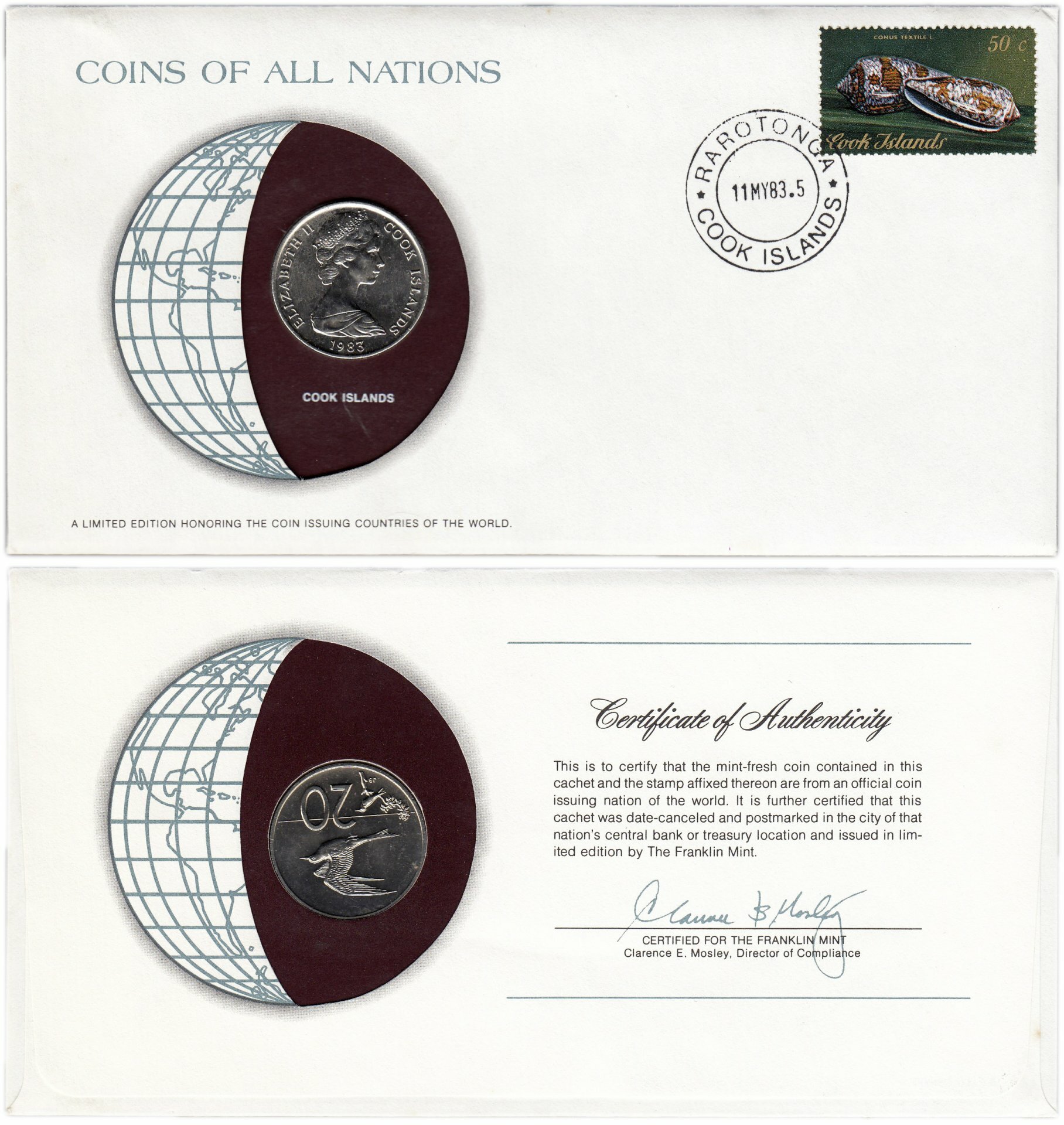 Серия "Монеты всех стран мира" - Острова Кука 20 центов cents 1983 монета и 1 марка в конверте, Мельхиор медь-никель, в сохранности XF