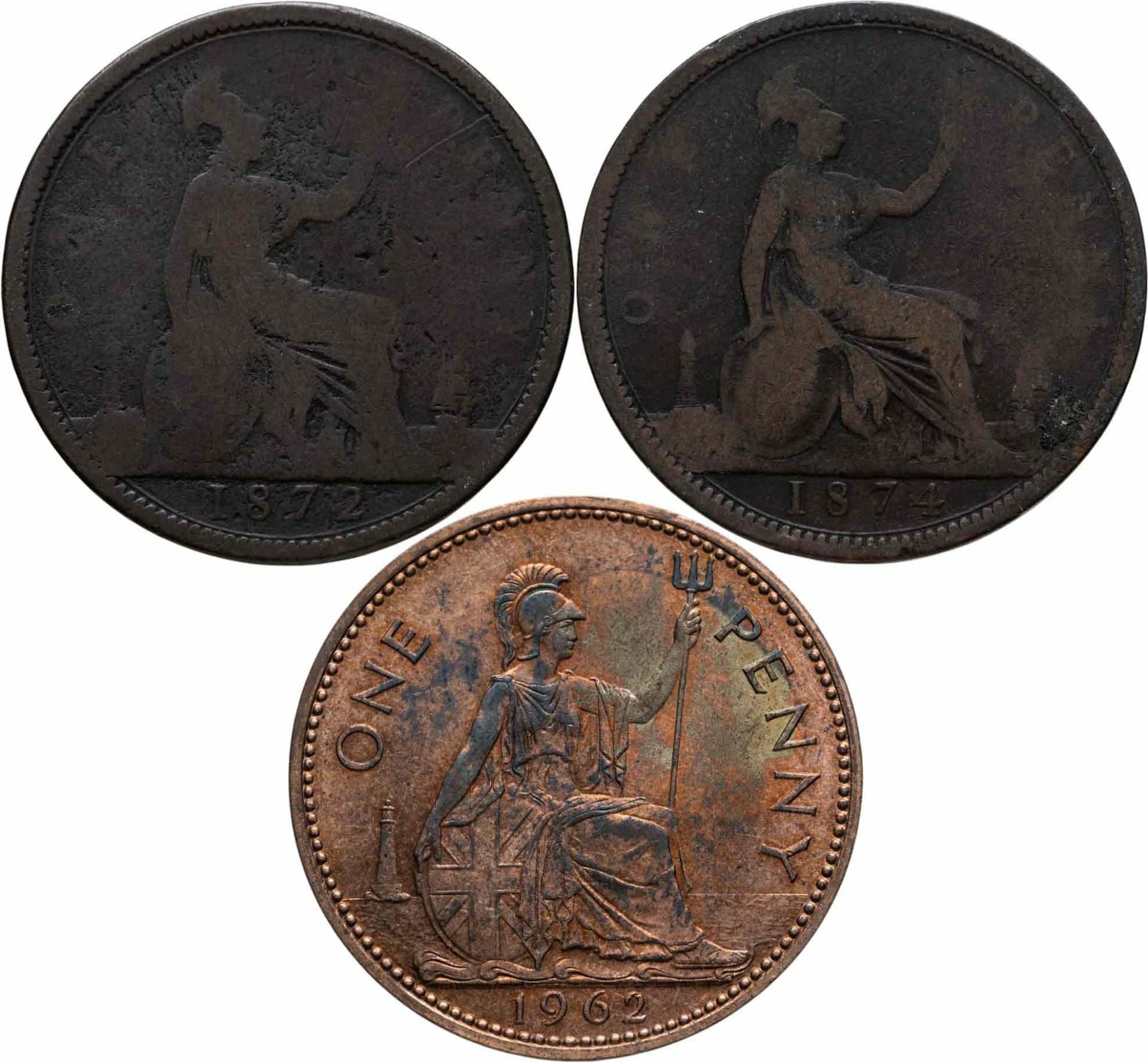 Великобритания 1 пенни 1872-1962 набор из 3-х монет, Бронза, в сохранности G-AU