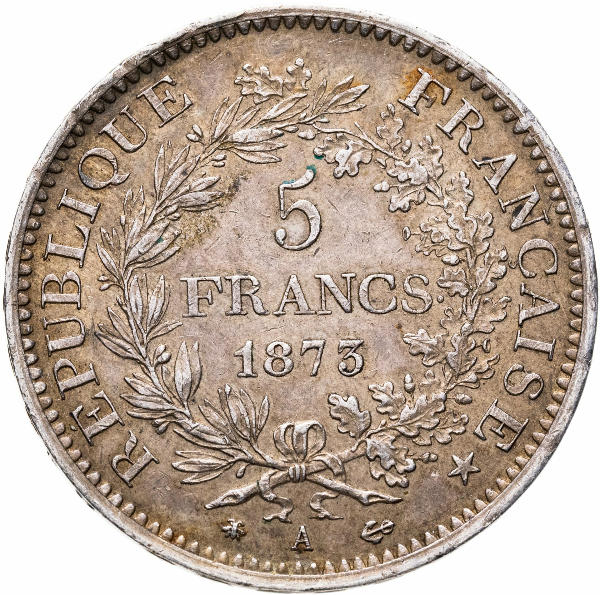 Франция 5 франков francs 1873 Геркулес знак монетного двора: "A" - Париж, Серебро 900, в сохранности XF-AU