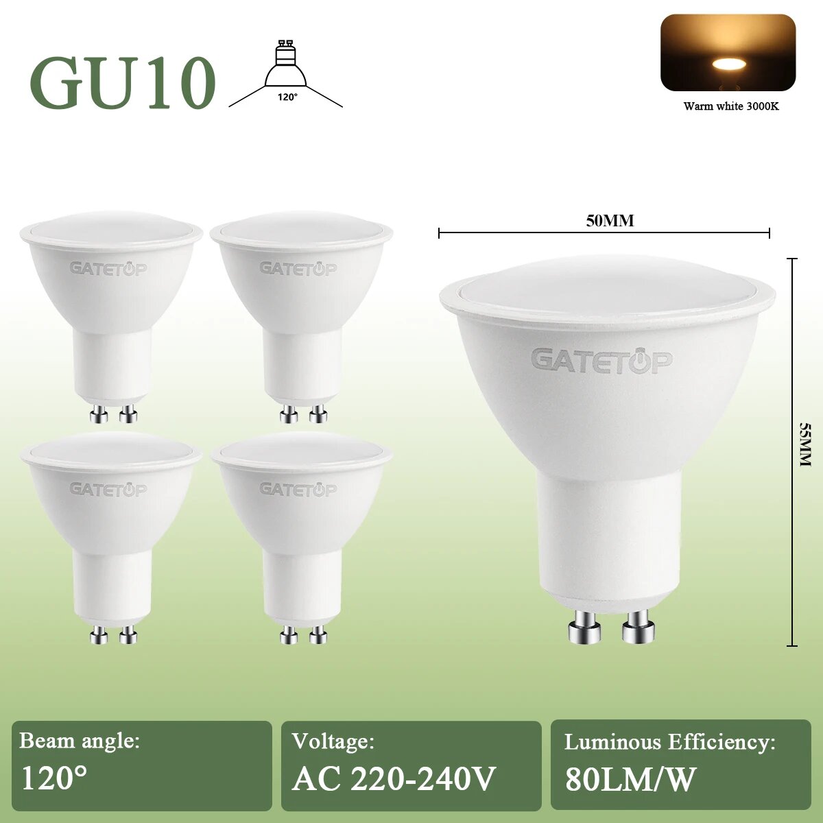 5 шт. светодиодная лампа Gatetop GU10 220В теплый белый 120degree 3000K, Нет, 5 Вт