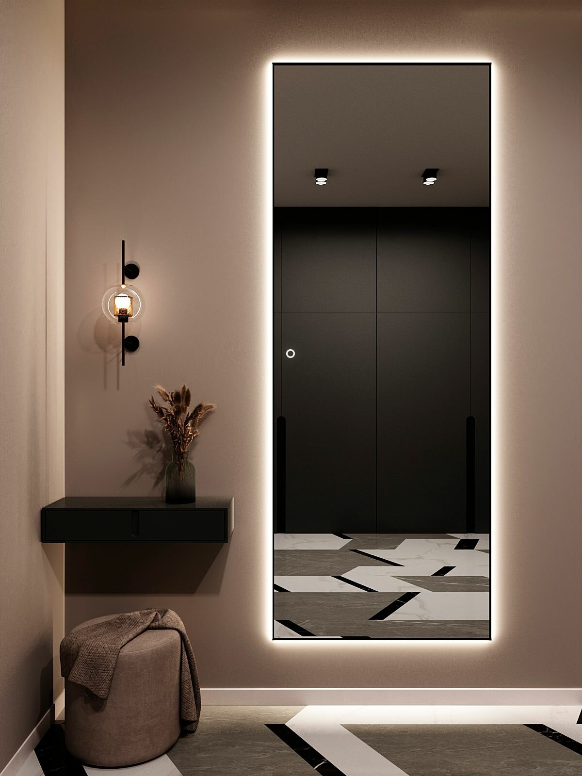 Зеркало настенное 230х80 см. черное с подсветкой сенсорное в алюминиевой раме интерьерное BLX MIRROR