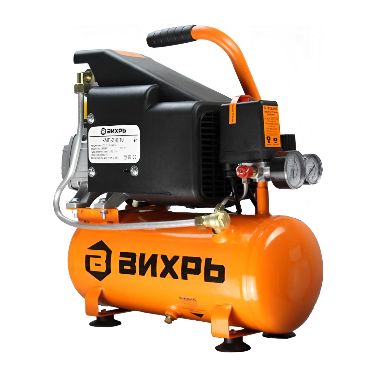 Компрессор Вихрь КМП-210/10 оранжевый, 1600Вт (2,2 л. с.), ресивер 10 л, 2850 об/мин, 210 л/мин, на выходе — 170 л/мин