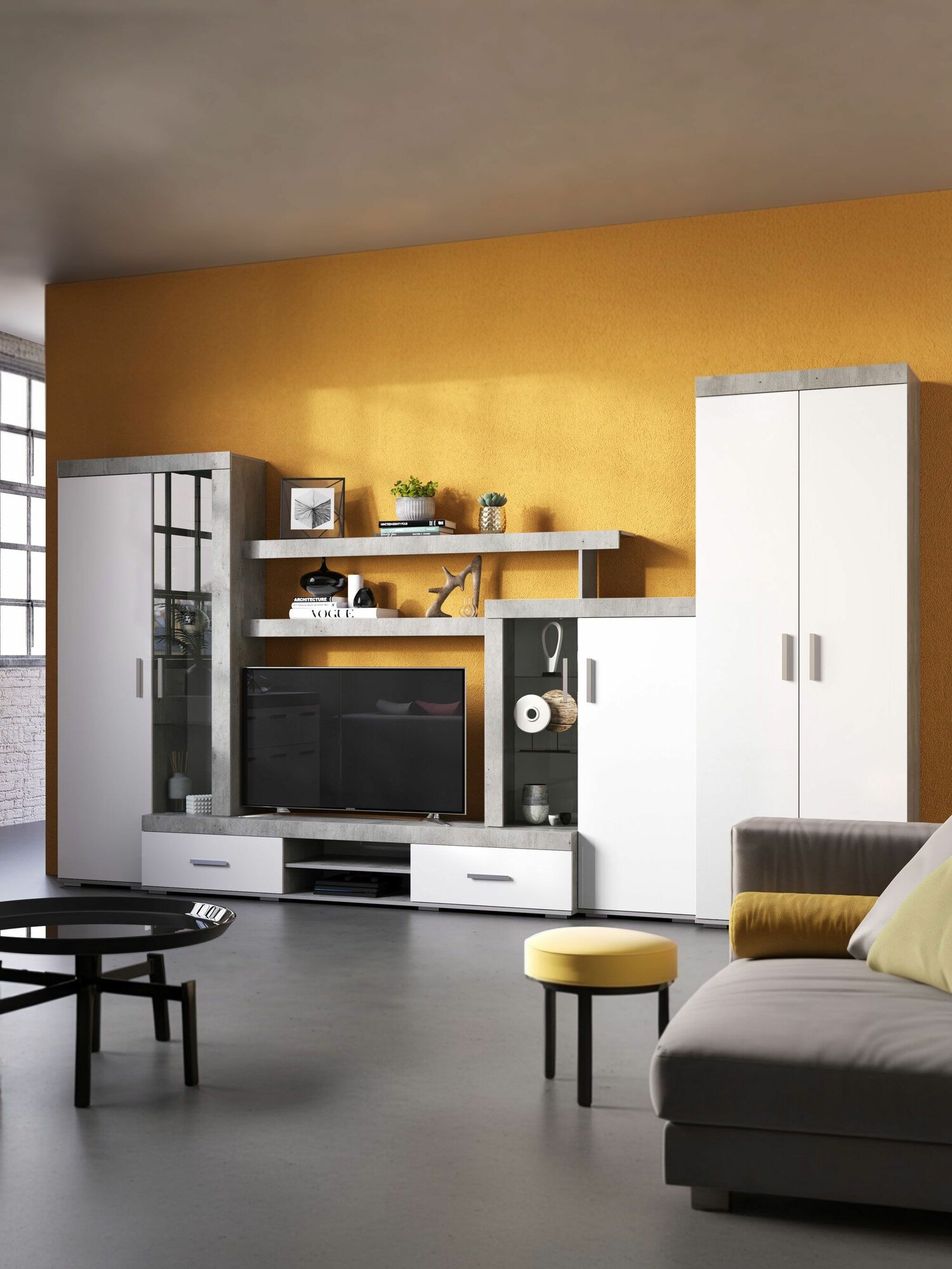 Гостиная комплект Инстайл Оптима полка, тумба под ТВ, шкаф-витрина, шкаф напольный, 380.6х51х217.6 см, Бетон / Белый