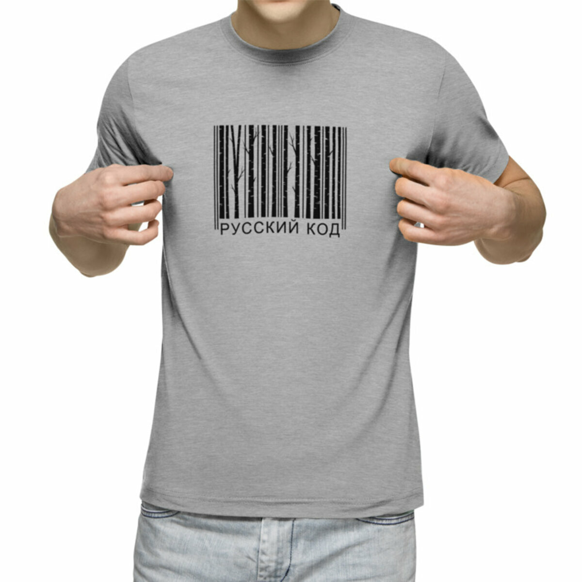 Мужская футболка «Русский код патриотическая в русском стиле березки» (серый меланж, L)