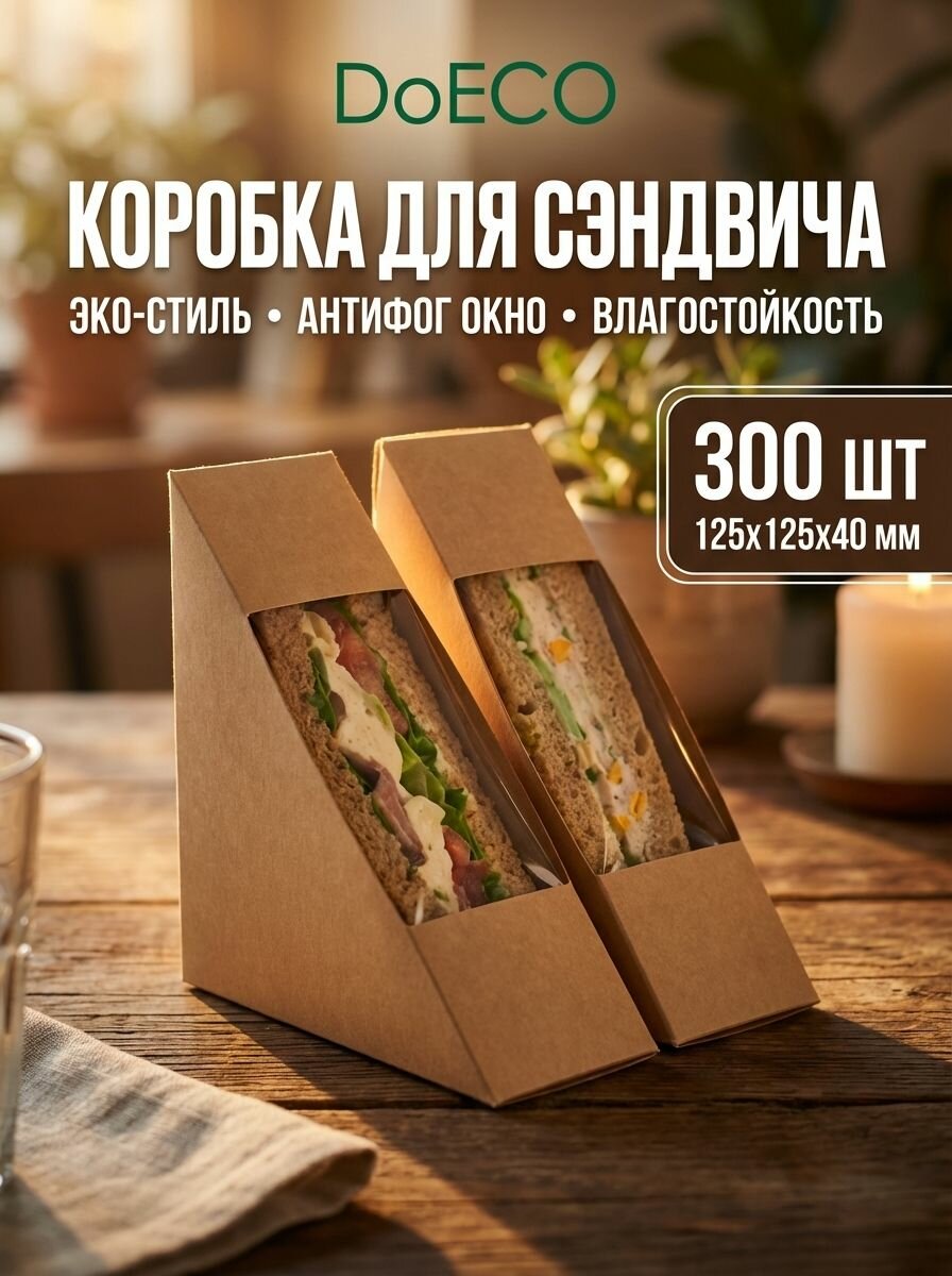 Коробка крафт пищевая DoECO контейнер одноразовый с окном, упаковка 125х125х40 мм, 300 шт.