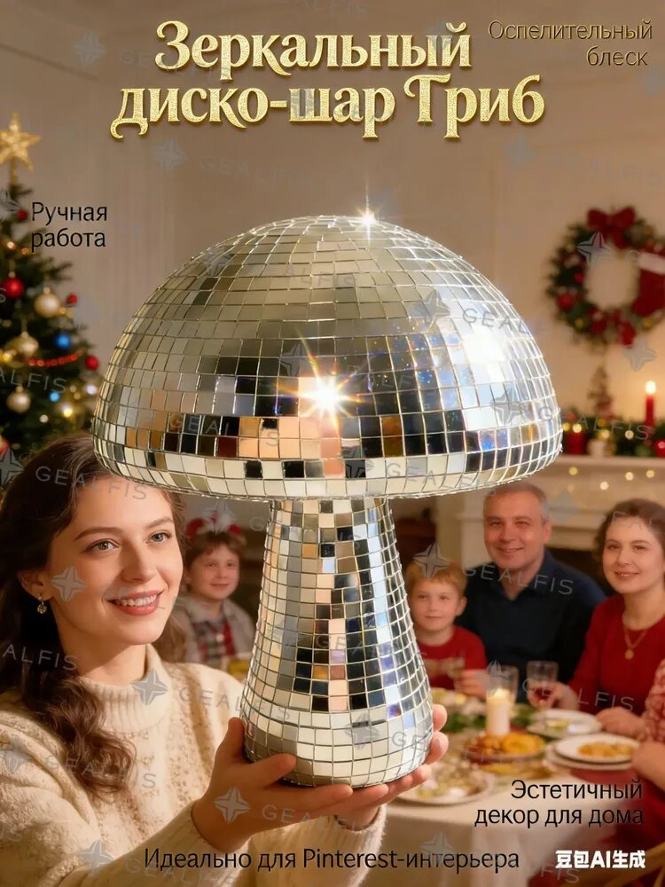 Диско-шар Зеркальный гриб, декор для дома в стиле Pinterest, украшение интерьерное настольное, для создания атмосферы и бликов