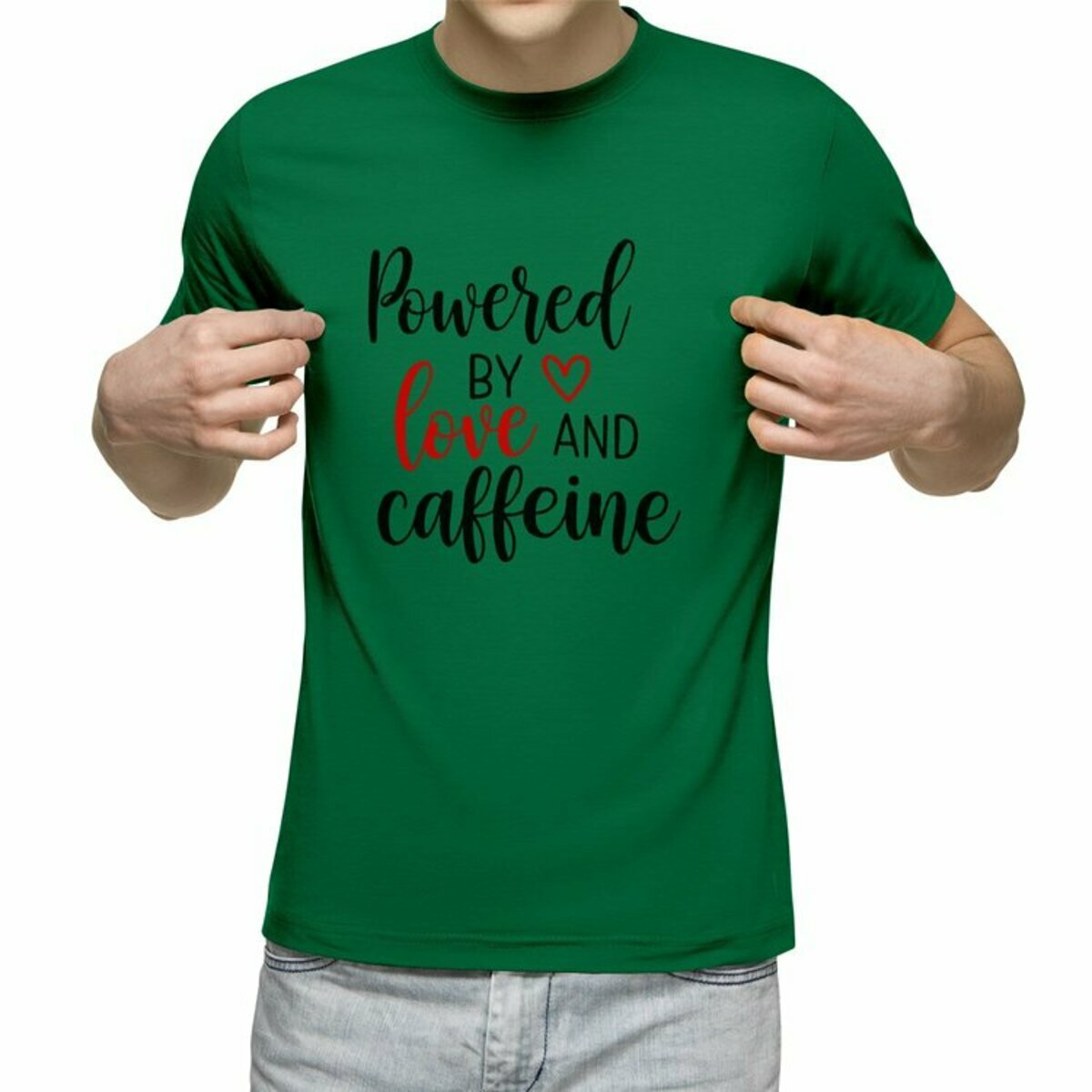 Мужская футболка «Powered by Love and Caffeine» (зеленый, XL)
