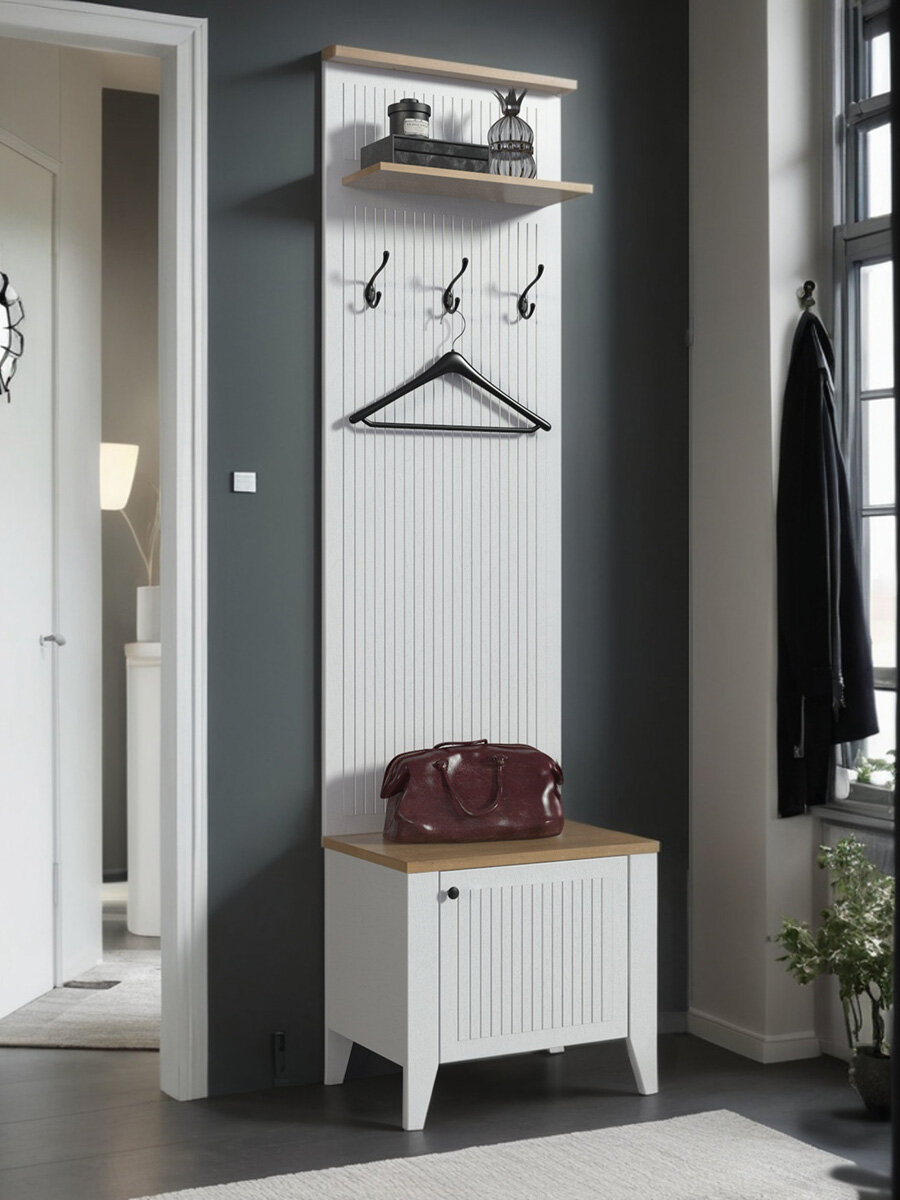 Тумба с вешалкой столплит Монтана ЛДСП, МДФ, Белый Альпийский, Дуб Гамильтон, 60х41х223 см