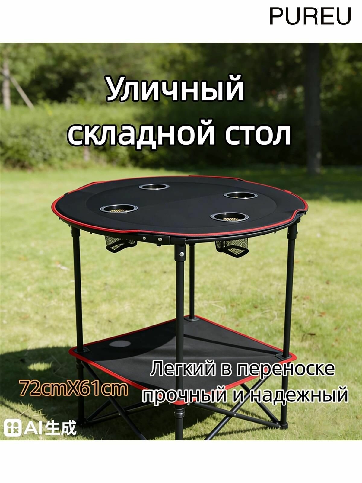 Складной стол PUREU, металлический, круглый, максимальная нагрузка 50кг