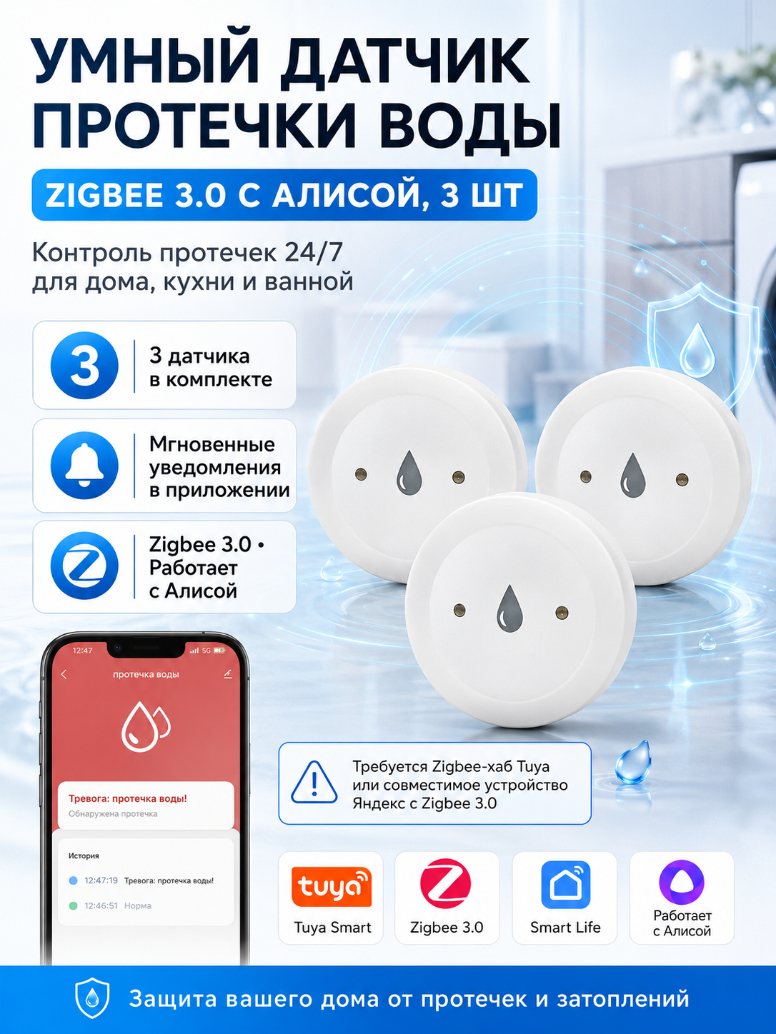 Умный датчик протечки воды Zigbee 3.0 с Алисой, Water Leak Sensor,3шт