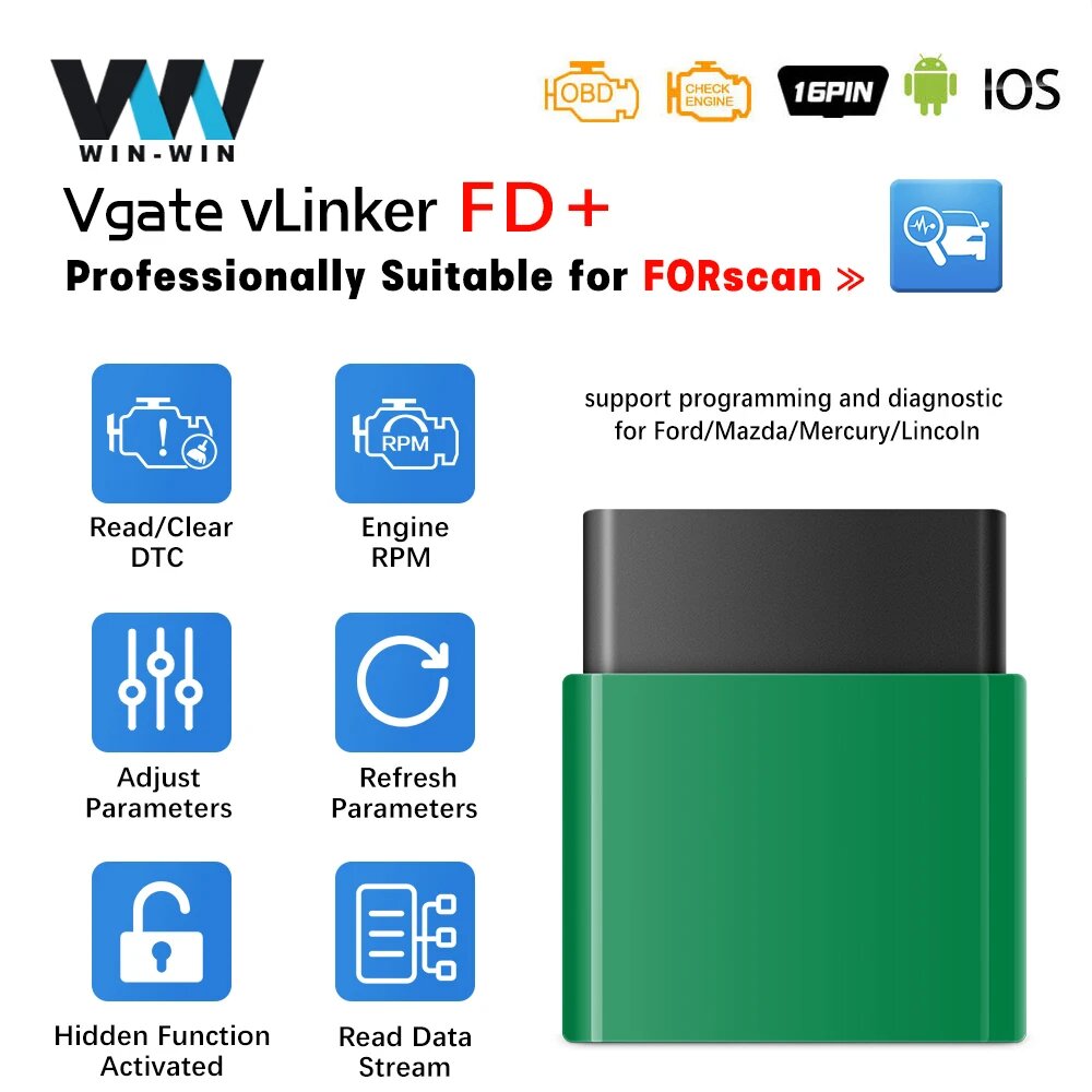 VLinker FD+ ELM327 V2.2 Bluetooth OBD2 сканер